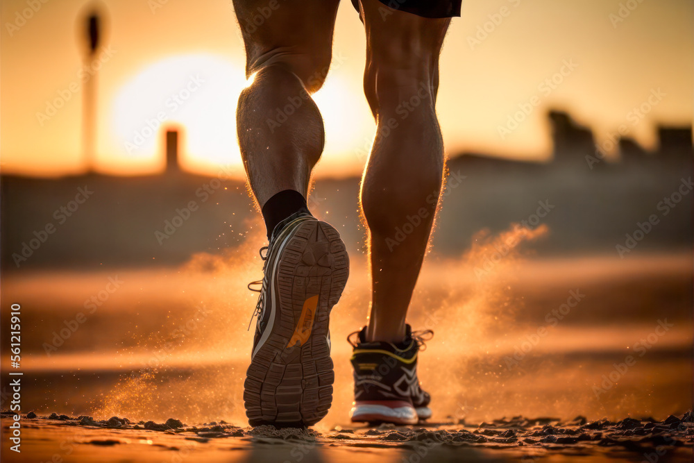 Athletic man walking on a road into the sunset. Generative AI. Stock ...