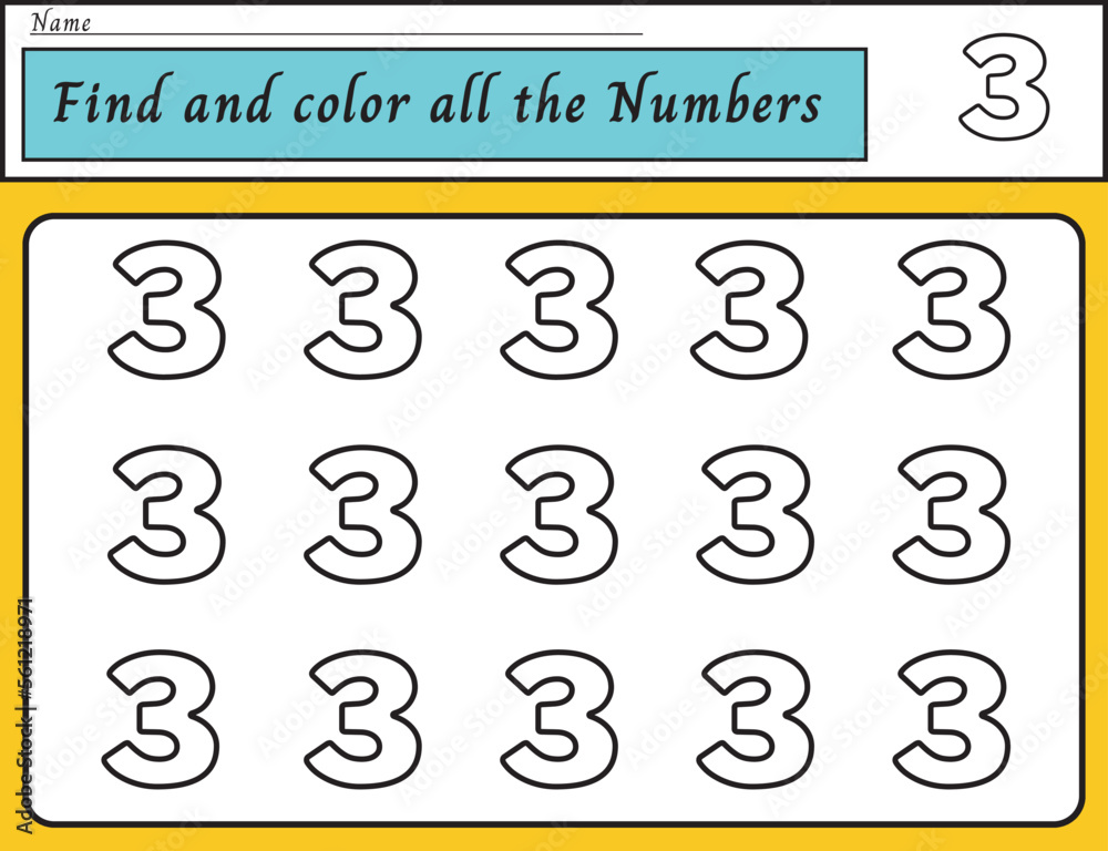 Number three coloring practice worksheet for kids learning to count and ...