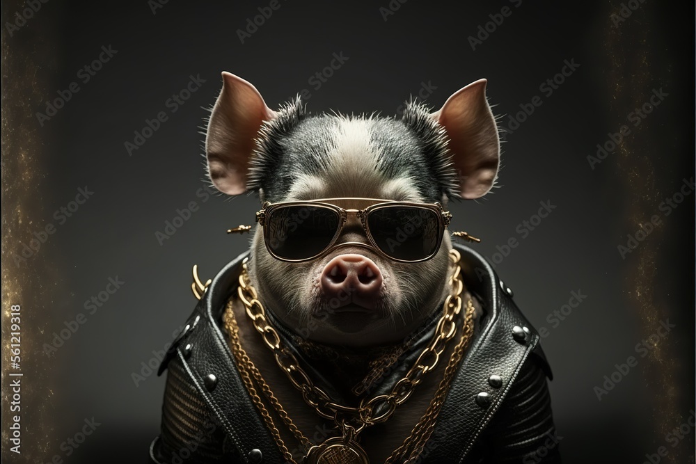 Pig in gangster look with wearing sunglasses and gold chain and ...