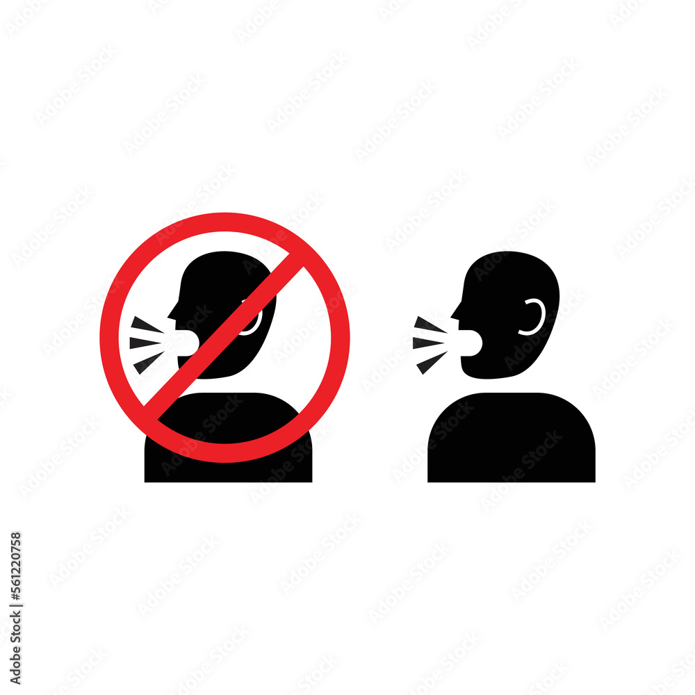 Do not talk sign please be quiet icon vector. Profile of noisy man ...