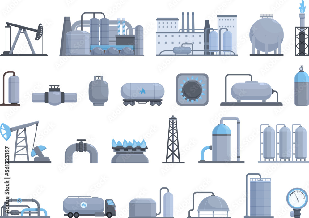 Gas production icons set cartoon vector. Pipeline rig. Tank pipe Stock ...