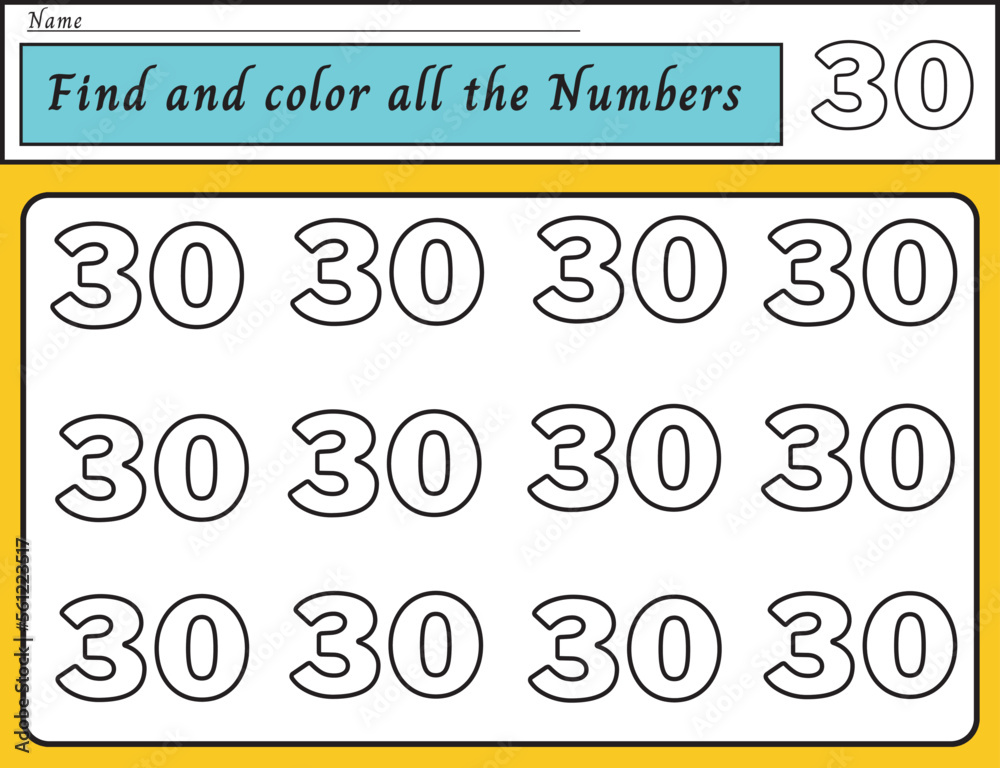 Number thirty coloring practice worksheet for kids learning to count ...
