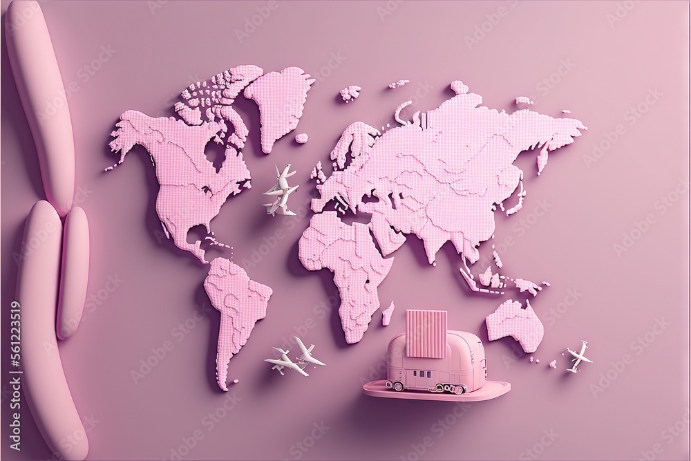 a pink world map with a pink camera and a pink pen on a pink background ...