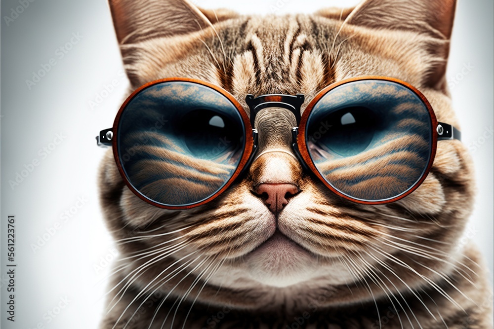 a cat wearing sunglasses with a cat's face painted on it's side and the ...