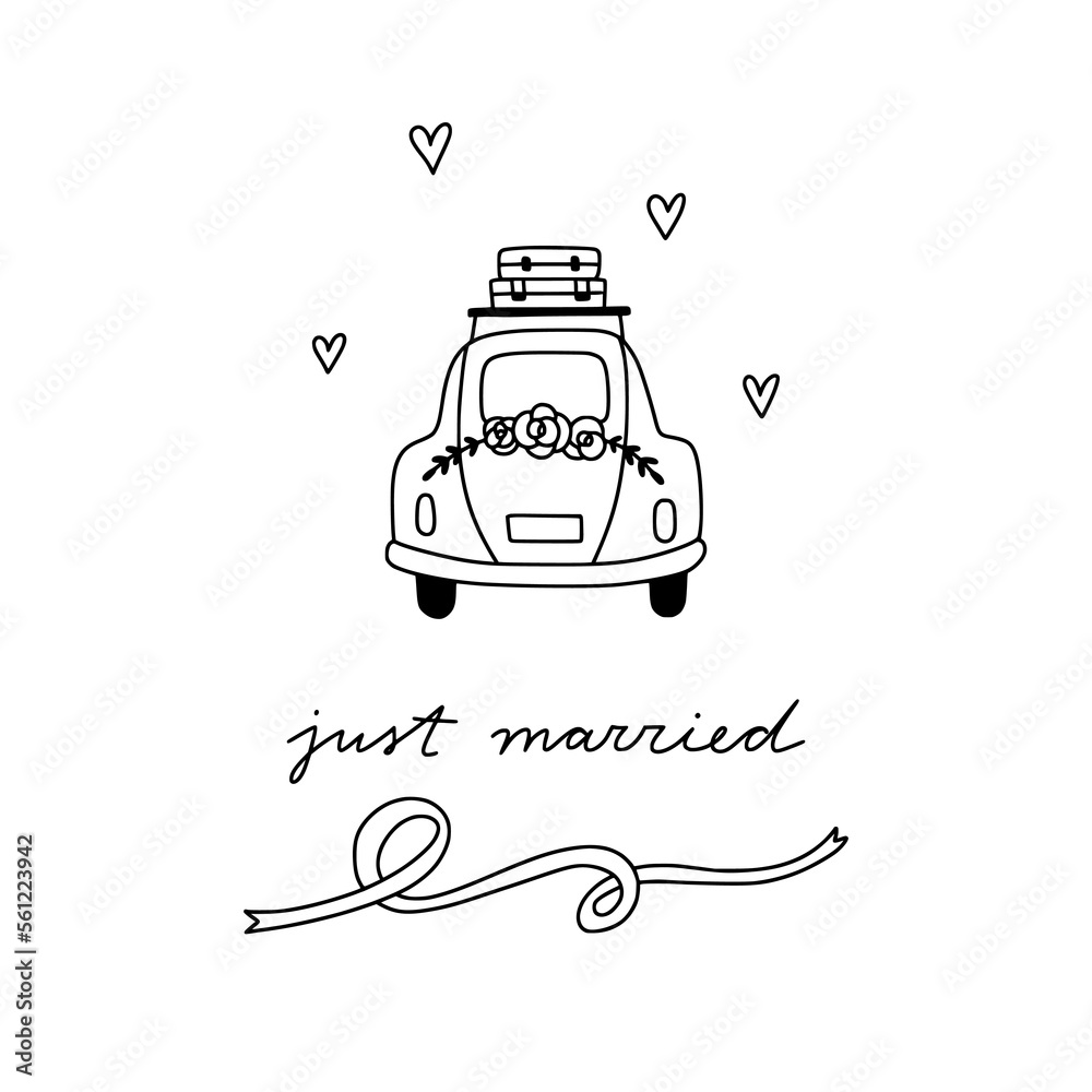 Wedding car vector illustration. Hand drawn wedding doodle car. Just ...