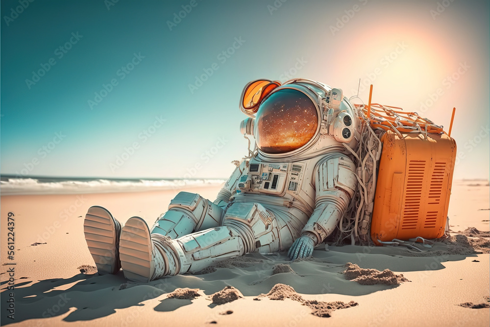 Astronaut sunbathing at the beach. Creative photorealistic illustration ...