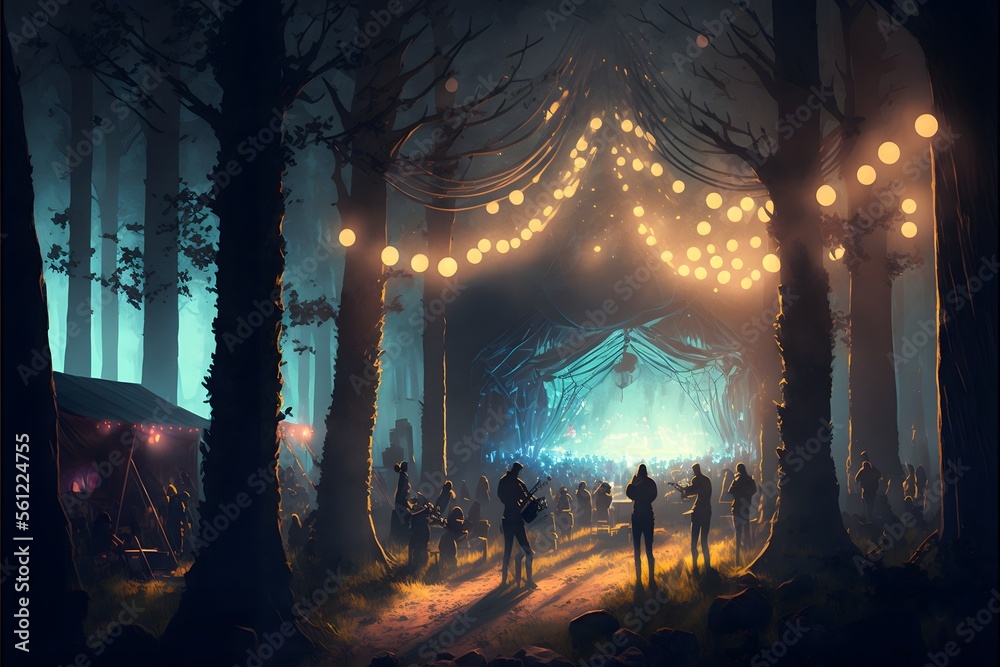 Experience the magic of an EDM festival in the forest at night. The ...