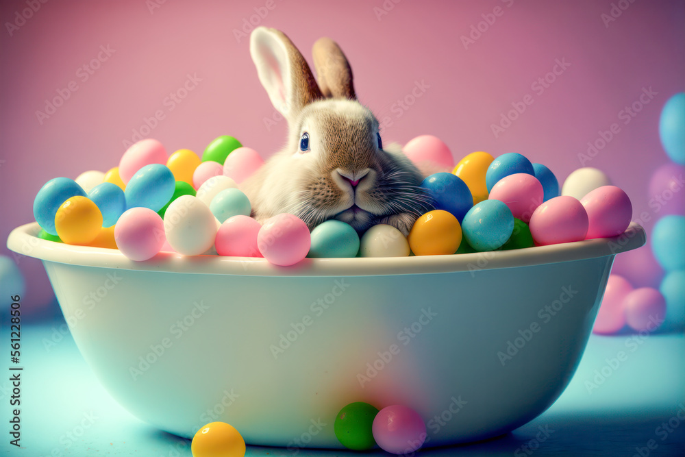 Cute easter bunny with easter eggs. Generative AI. Stock Illustration ...