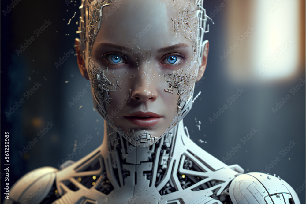 Beautiful Robot Girl With Disassembled Face And Blue Eyes Close Upartificial Intelligence