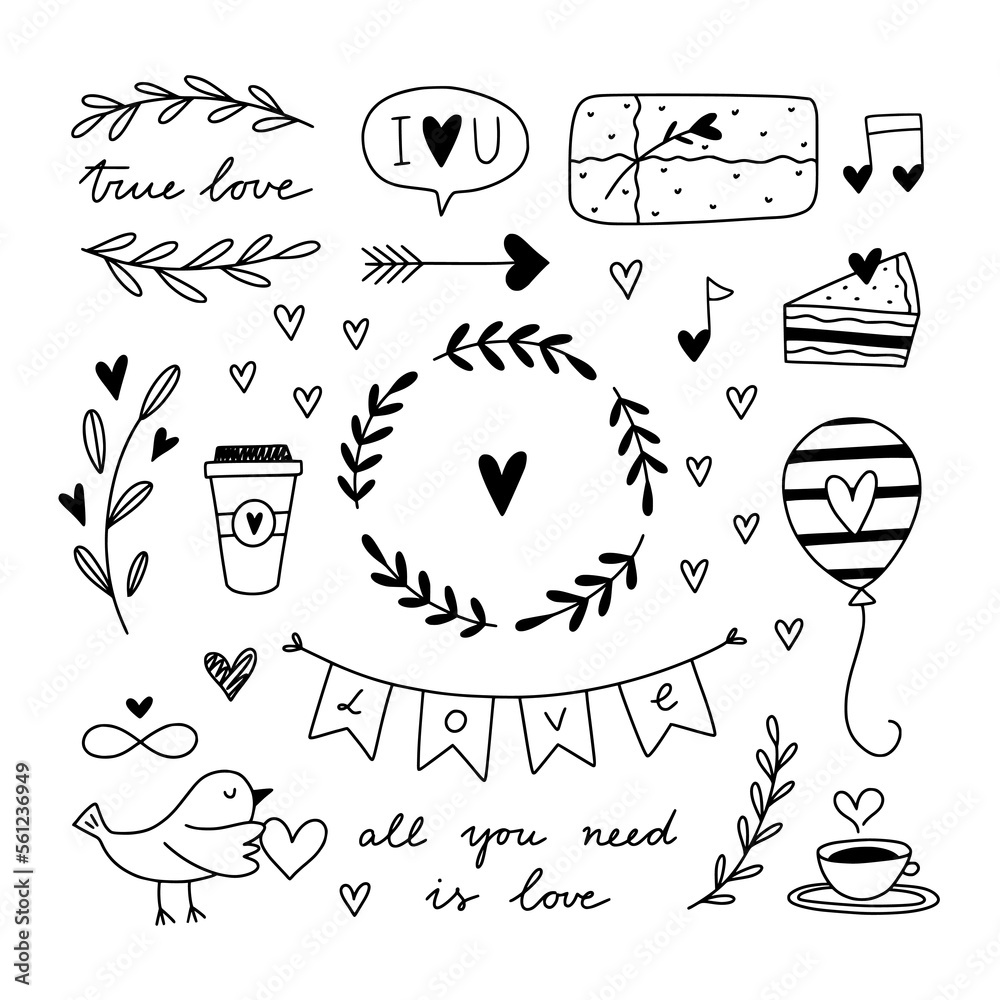 Cute love theme vector illustrations. Hand drawn love doodles Stock ...