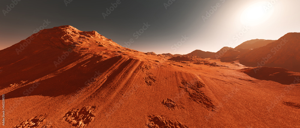 Mars landscape, 3d render of imaginary mars planet terrain, orange red ...