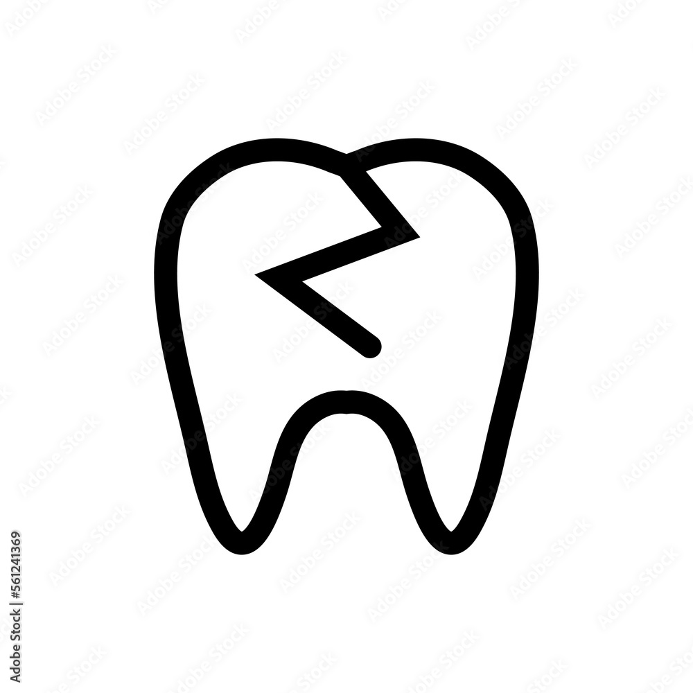 Broken tooth icon line isolated on white background. Black flat thin ...