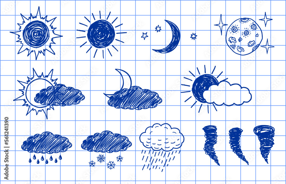 Set of Weather icons. Weathers icons doodle set. Weather vector icons ...