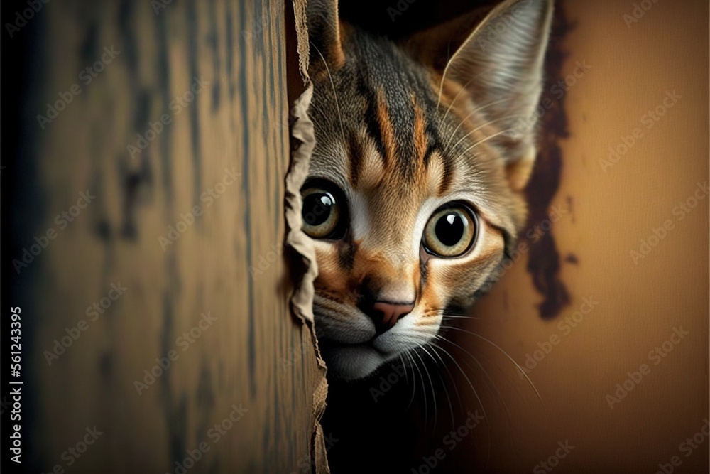 a cat peeking out from behind a wooden door with a hole in it's side ...