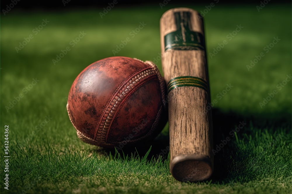 leather Cricket ball resting on a cricket bat placed on green grass ...
