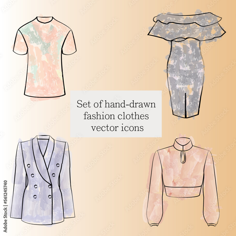 Vector illustration set of women's clothes, watercolor sketch of ...