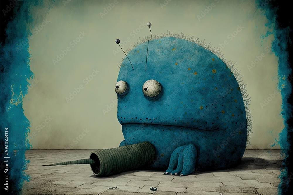 a blue creature with a long nose and a nose ring on it's head sitting ...