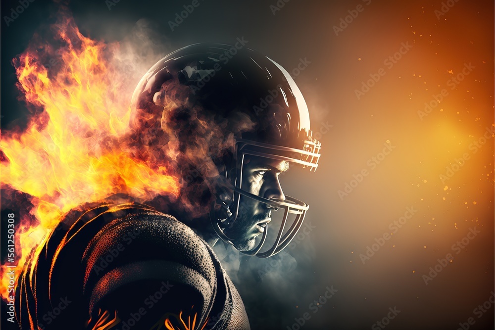 American football player, athlete in helmet on stadium in fire. Sport ...