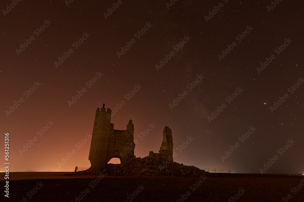Caudilla castle in ruins at night with the Milky Way. Spain Stock Photo ...