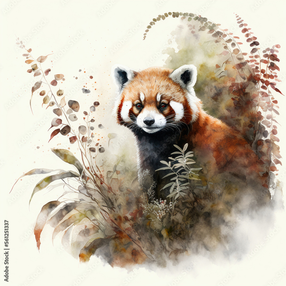 Generative AI illustration of watercolour style image of endangered red ...