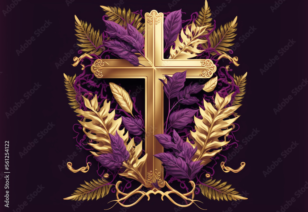 Gold cross crucifix sign with spiny vine and palm leaves around on ...