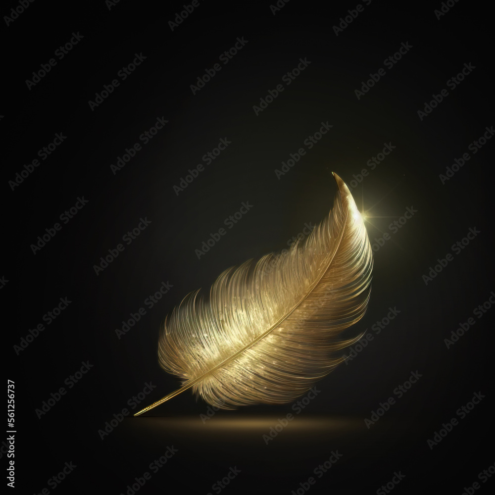 Shiny single golden feather with spark of light on dark background ...