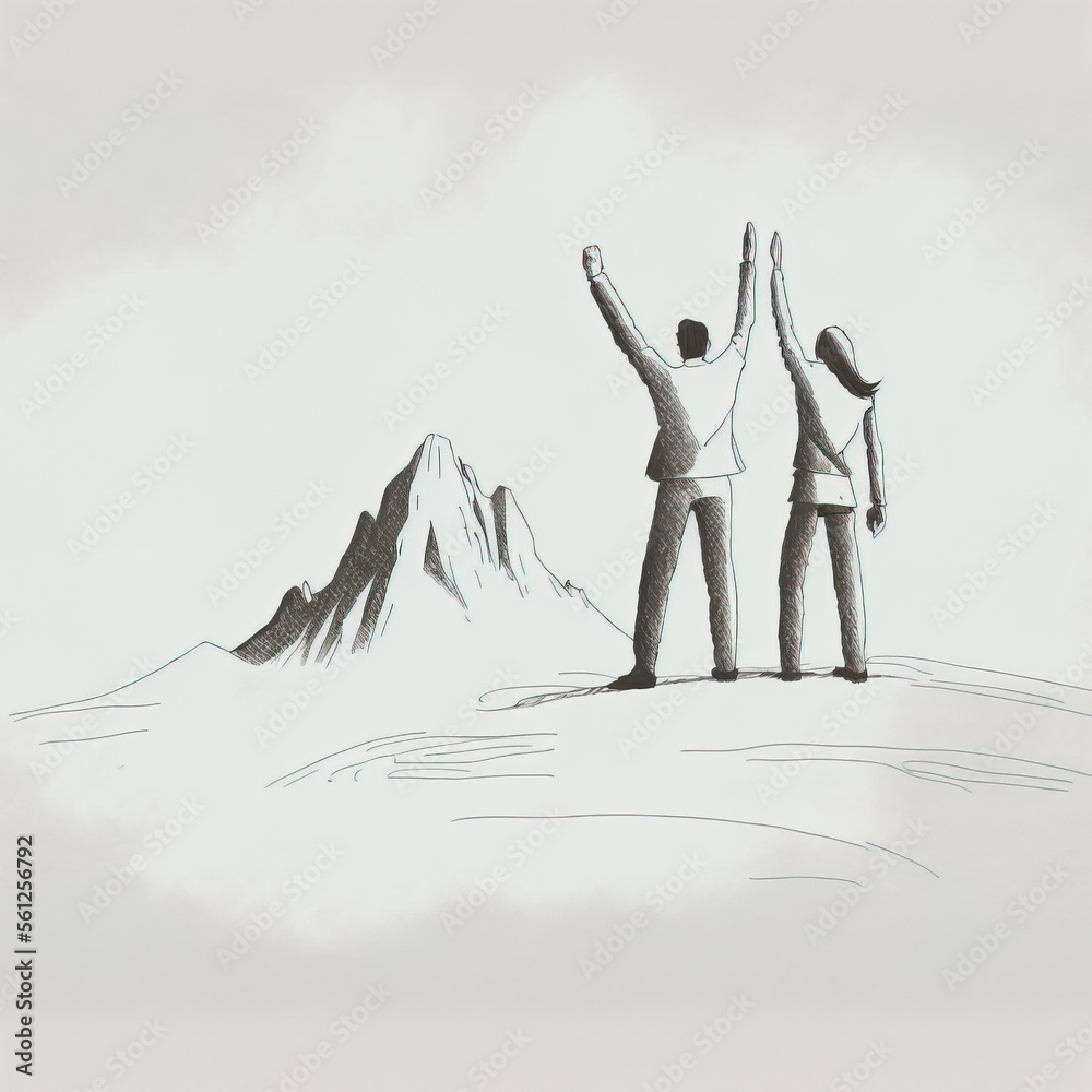 Simple sketch of two people on mountain celebrating together ...