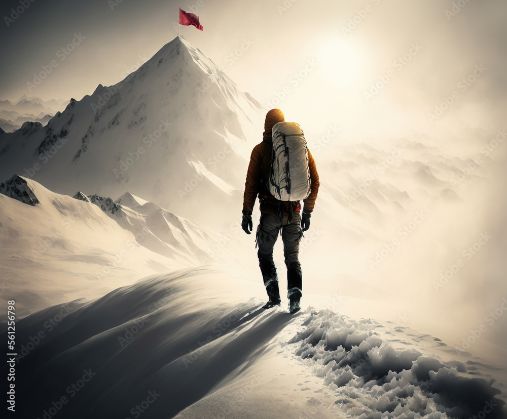 Reaching your goals concept, mountain climber going towards flag on ...