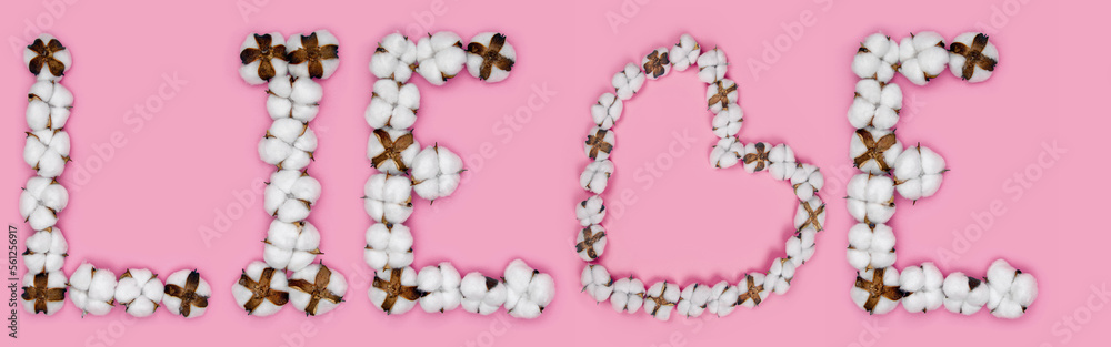 Word liebe from deutch language means love, made of cotton flowers ...