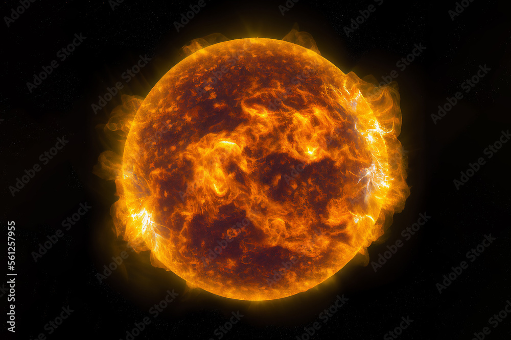 Molten surface of the sun with a solar flare from the star producing ...