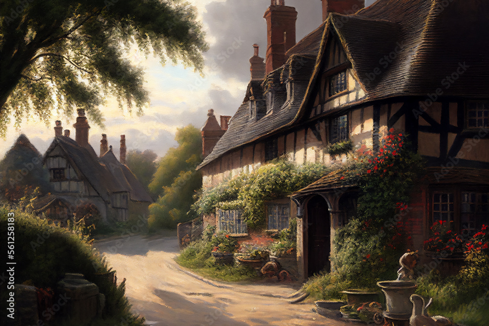 Oil painting of an old fashioned quintessential English country village ...