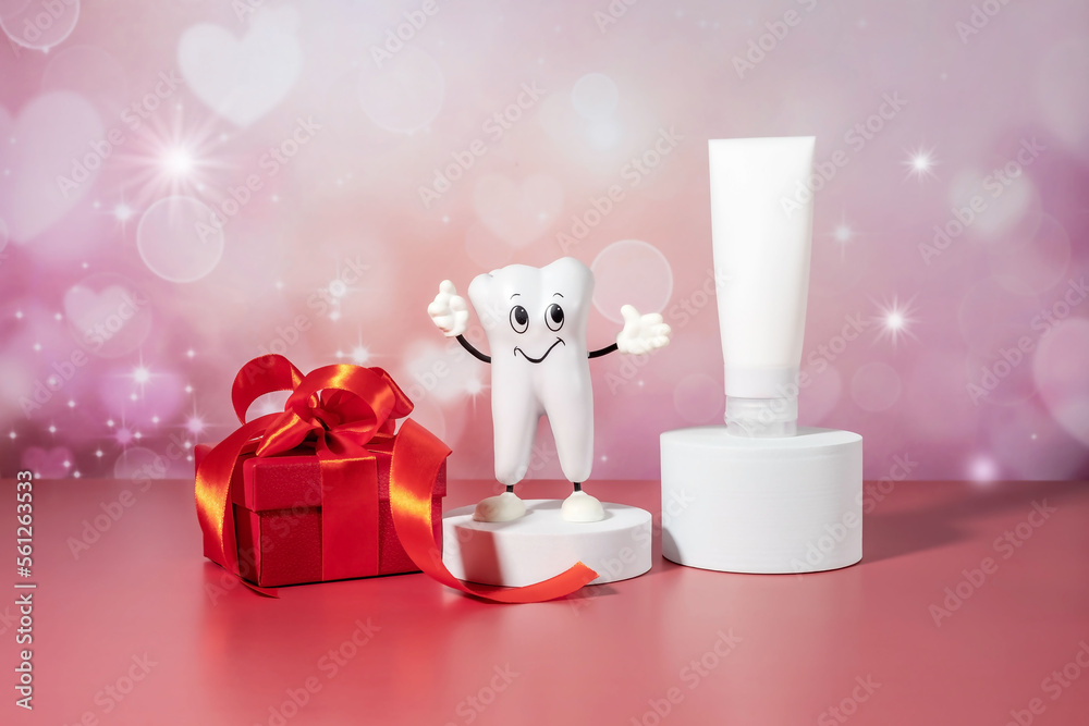 cartoon model of a tooth, toothpaste and a gift box on an abstract ...