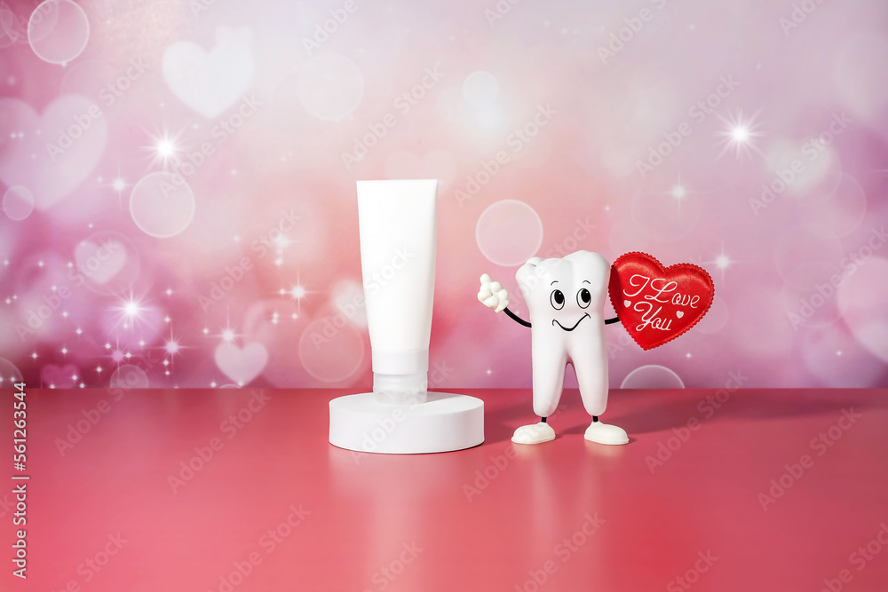 cartoon model of a tooth with a heart in his hands and toothpaste on ...