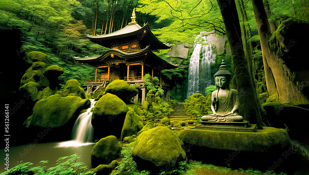 Green Buddha sits on the rock pile among forest trees. Mystical forest ...