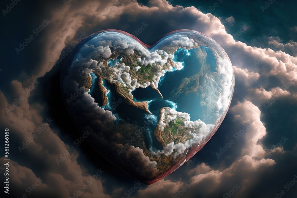 Heart shaped earth on a cloudy background, generative ai Stock ...