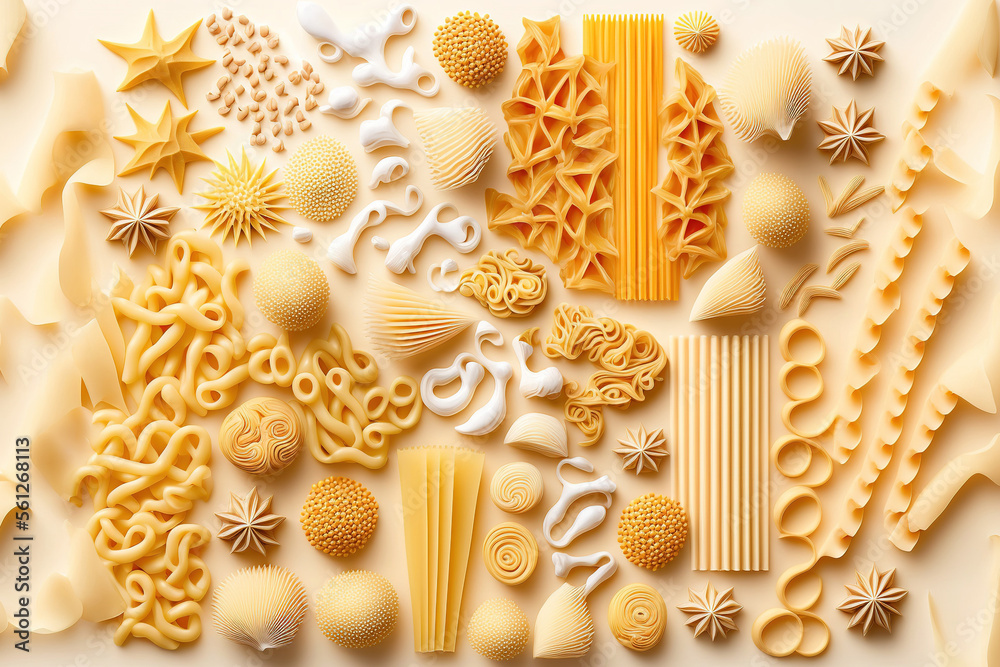 Italian pasta in various varieties and forms arranged in rows on a ...
