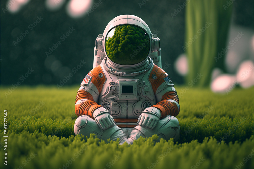 astronaut on the lawn in the lotus position and meditating ...