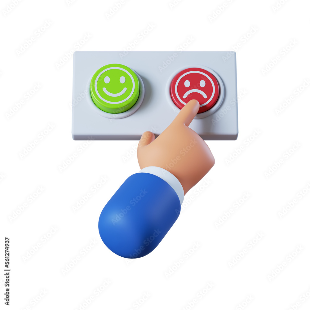 Disappointed customer cartoon hand presses the red button. Business or ...