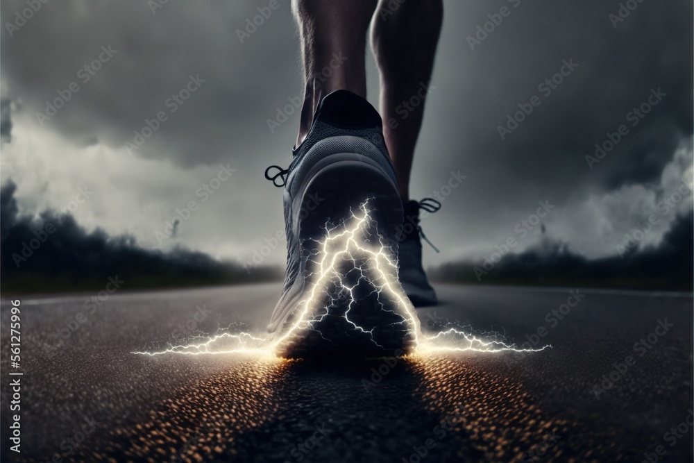 a person running on a road with a lightning bolt coming out of their ...