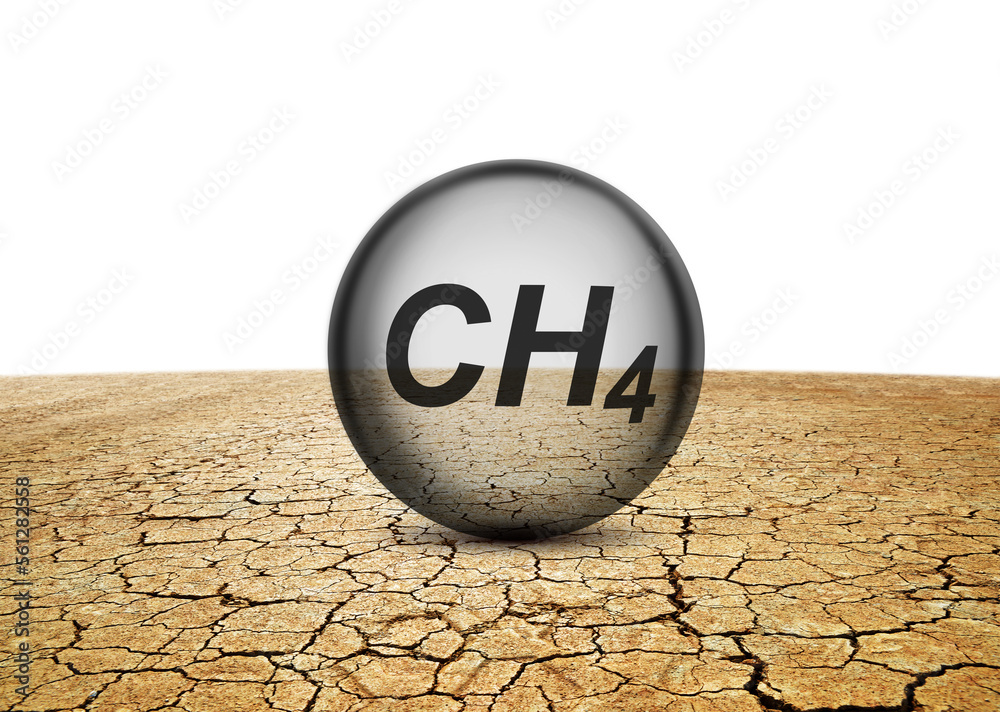 Dry cracked earth and bubbles with CH4 text isolated on transparent ...