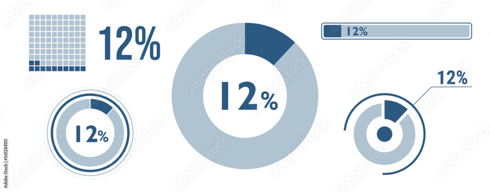 12% percentage infographic set. Twelve circle diagram, pie donut chart ...