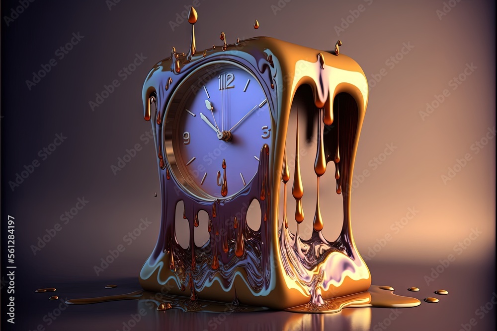 a clock that is melting and has dripping liquid on it's sides and sides ...