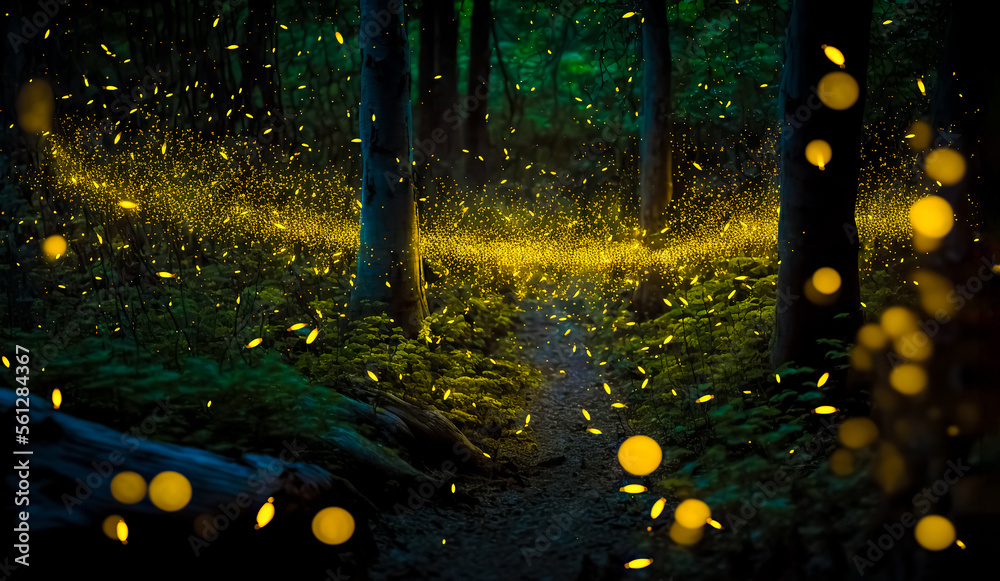 Magic beautiful landscape, each firefly flashes its light in a pattern ...