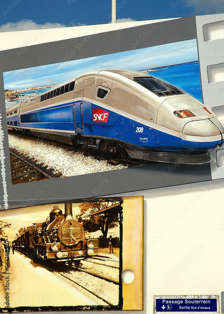 Contrast in transport - Modern TGV train and old steam locomotive Stock ...