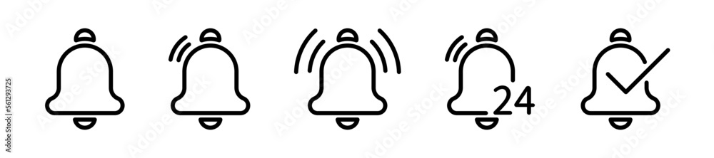 Notification bell icon set. Bell line icon in flat style. Notification ...