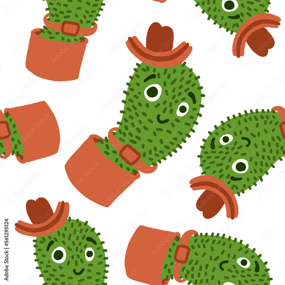 Cacti character in hat pattern. Vector illustration in cartoon flat ...