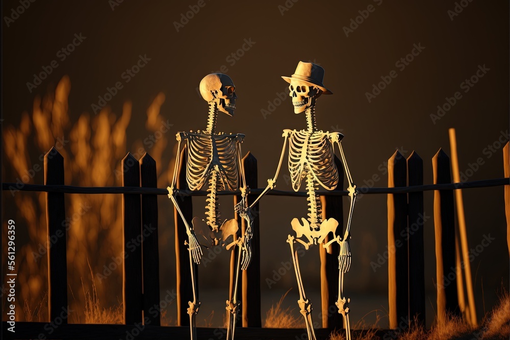two skeletons standing next to each other in front of a fence with a ...