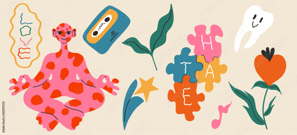 Set of psychedelic drawings, stickers. Pink alien, tooth, flowers ...