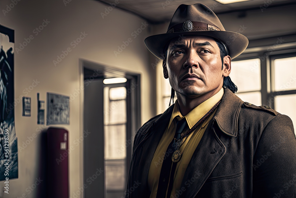 Native American detective portrait, police station background ...