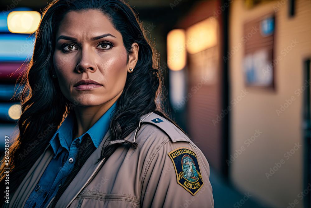 Native American policewoman portrait, police station background ...